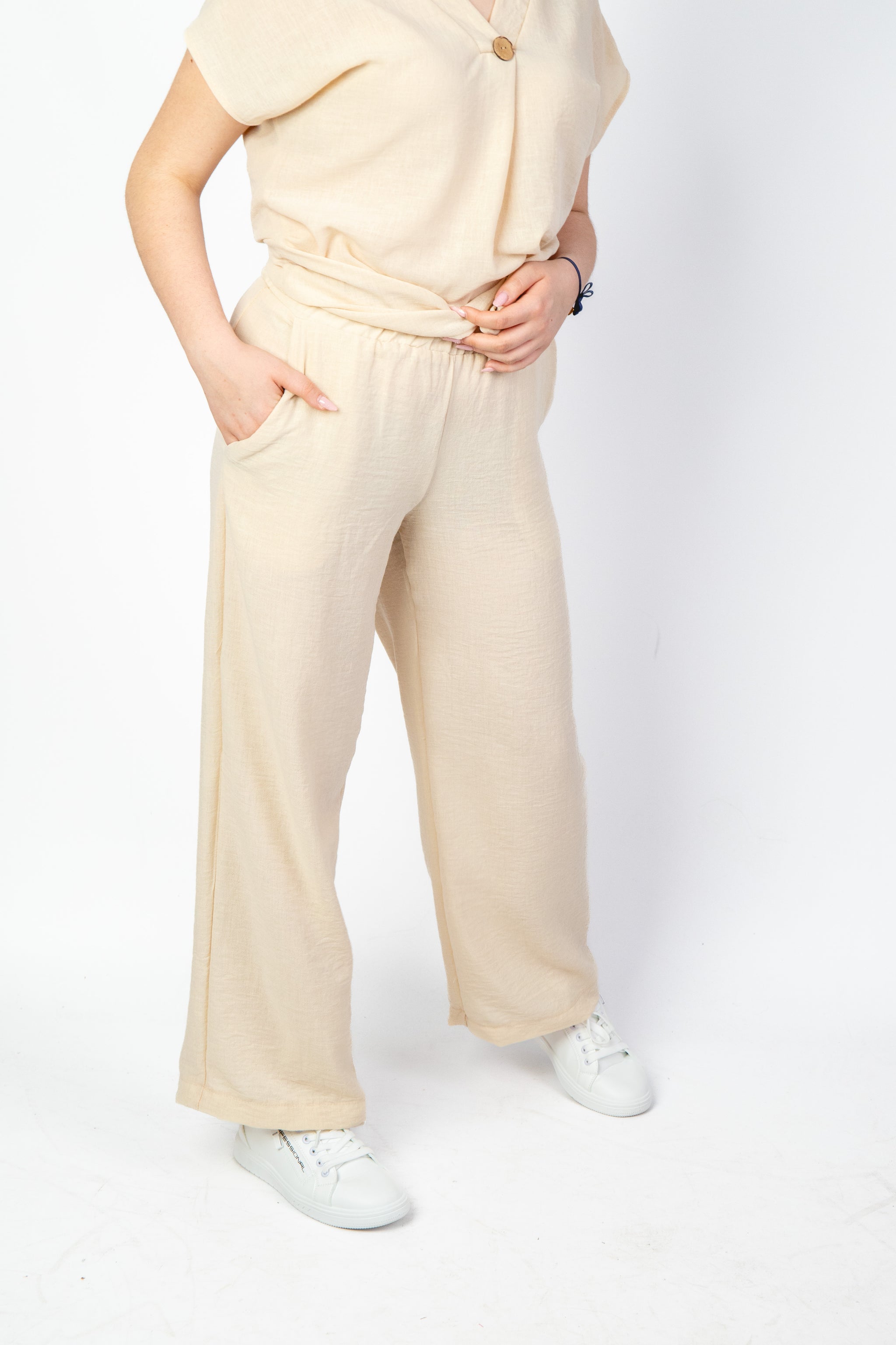 Eleganckie letnie lniane spodnie Jasny Beż